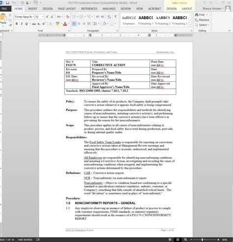 Iso22000 Fsms Corrective Action Procedure Word