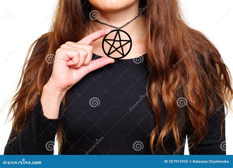 Lady In Black Showing A Large Pentagram Necklace Stock Image Image Of Esoteric Chest