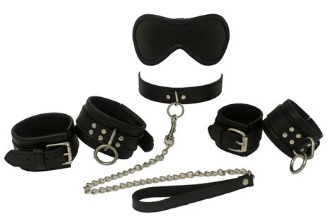 Bondage Kit Black Leather Blindfold Collar Leash Wrist And Ankle Cuffs