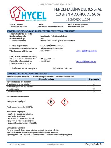 Hoja De Datos De Seguridad Fenolftaleína Del 0 5 Al 1 0 En Alcohol Al