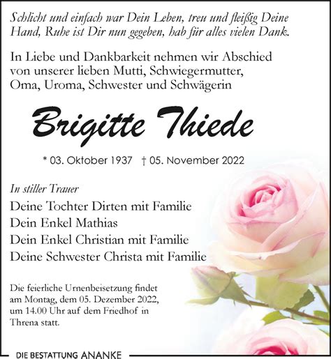 Traueranzeigen Von Brigitte Thiede Trauer Anzeigen De