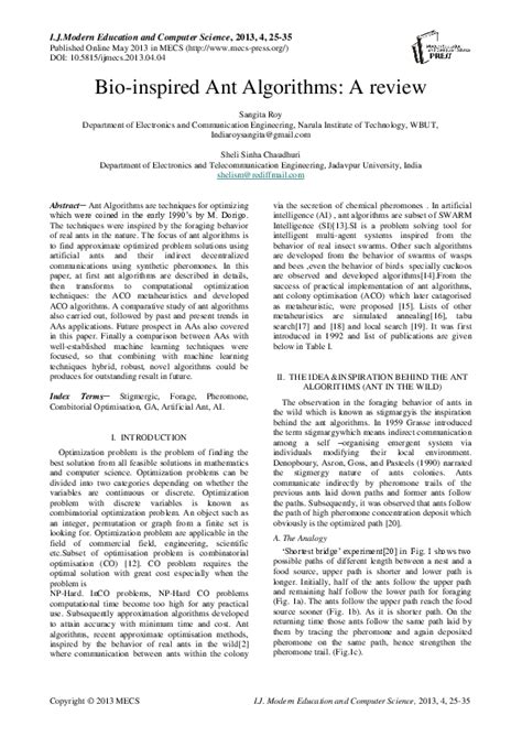 pdf bio inspired ant algorithms a review