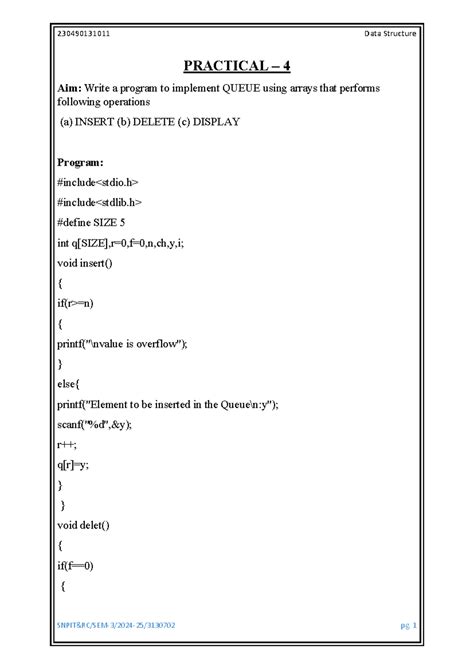 Practicle 4 Practical 4 Aim Write A Program To Implement Queue Using Arrays That Performs