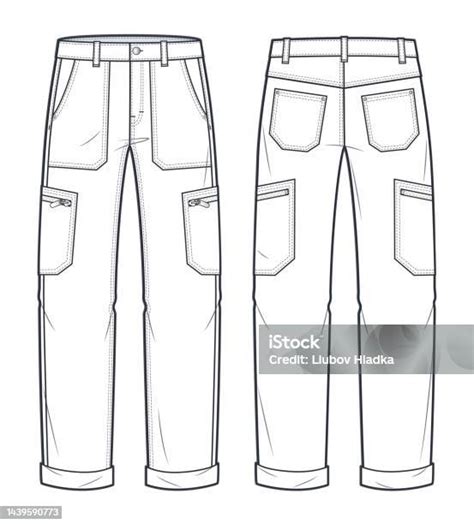 카고 팬츠 기술 패션 일러스트 청바지 바지 패션 플랫 기술 도면 템플릿 포켓 전면 및 후면보기 화이트 여성 남성 남녀 공용 Cad 모형 바지 의복에 대한 스톡 벡터 아트 및