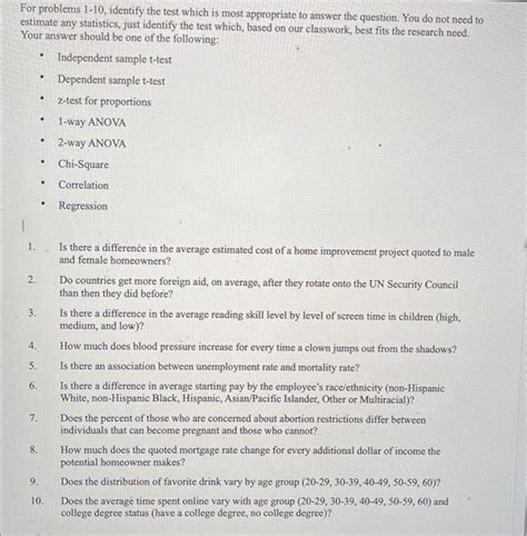 solved for problems 1 10 identify the test which is most