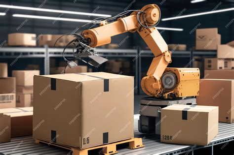 robotic arm sorting packages in warehouse premium ai generated image