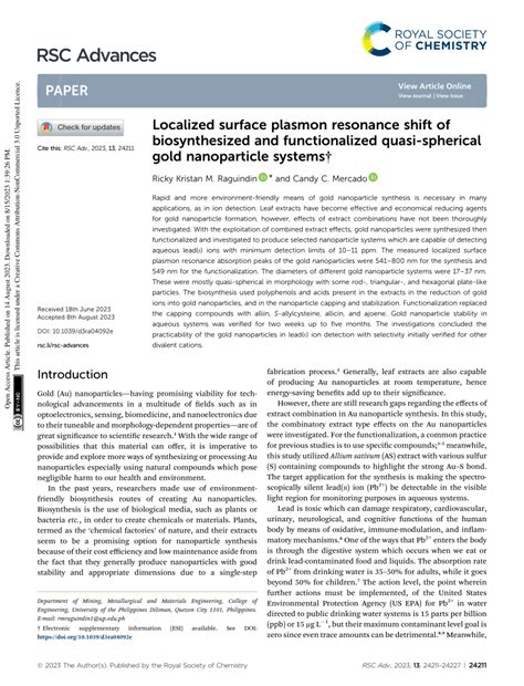 Pdf Localized Surface Plasmon Resonance Shift Of Biosynthesized And Functionalized Quasi