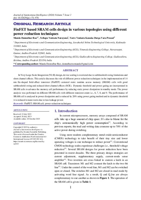 Pdf Finfet Based Sram Cells Design In Various Topologies Using