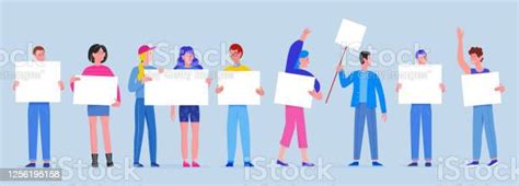 포스터 플래카드를 들고 있는 남성과 여성 깨끗한 빈 보드 배너를 들고 젊은 사람들은 평면 벡터 일러스트를 노래 시위 군중 시위 정치 회의 퍼레이드 및 항의 광고에 대한 스톡