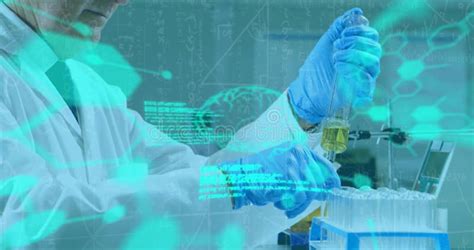 Image Of Scientific Data Over Hands Of Senior Caucasian Male Lab Worker