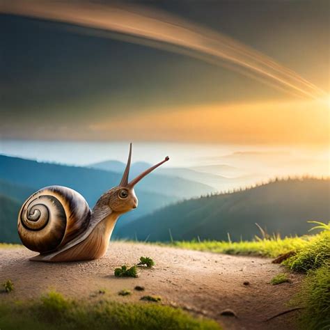 Premium Ai Image A Snail Sits On A Dirt Path In The Mountains