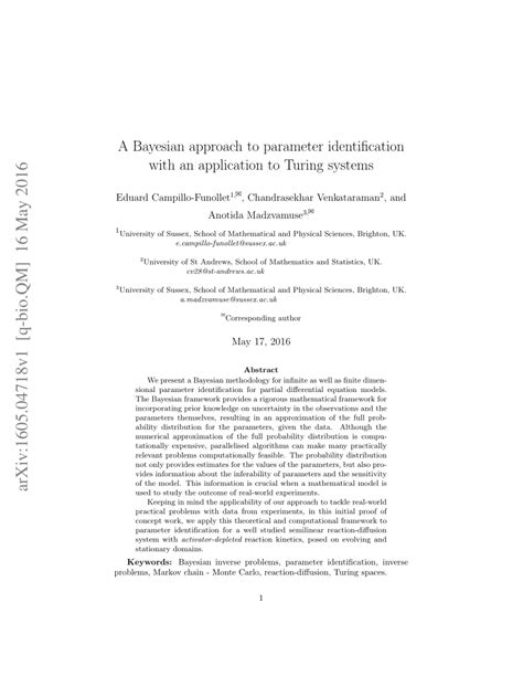 Pdf A Bayesian Approach To Parameter Identification With An Application To Turing Systems