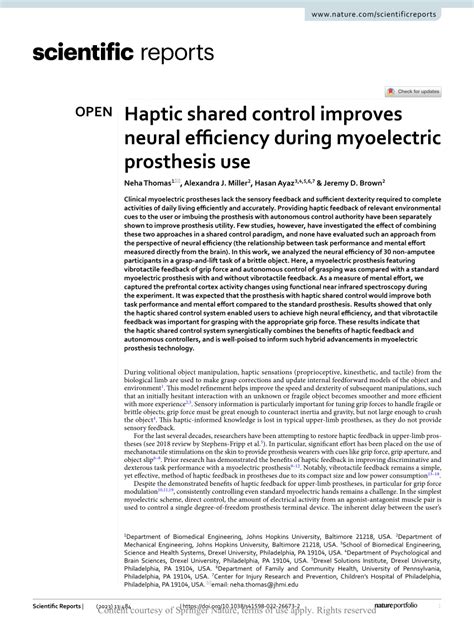 Pdf Haptic Shared Control Improves Neural Efficiency During Myoelectric Prosthesis Use