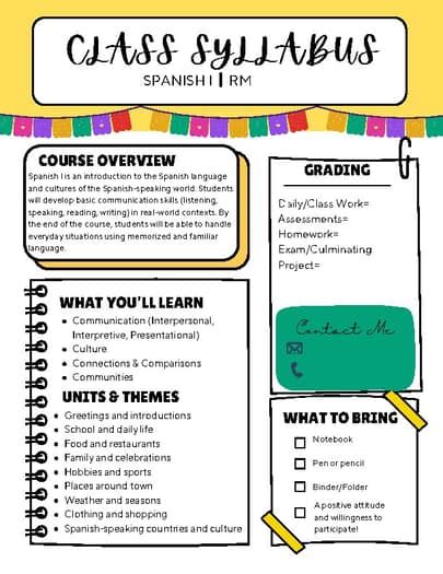Spanish I Class Syllabus By Annemarie Baker Tpt
