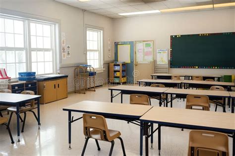 Classroom Setting With Gray Floor White Walls Blackboard Wooden Tables And Chairs Desk In