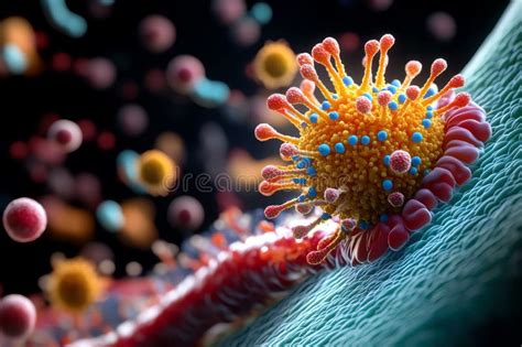 A Colorful Microscopic Virus With Spiky Surface Attacking A Cell This