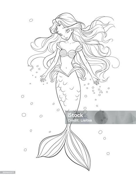 인어 색칠 공부 페이지 그림입니다 색칠 공부를 위한 윤곽선 색칠 공부 페이지 그림입니다 벡터 외곽선 여자 인어에 대한 스톡 벡터 아트 및 기타 이미지 Istock