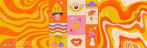 복고풍 그루비 웨이브로 설정된 트리피 그래픽 포스터 입술 꽃 버섯 파도가 있는 포스터 광장 트리피 그루비 70년대 그래픽 만화