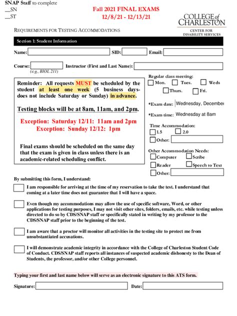 Fillable Online Disabilityservices Cofc Testing Accommodations Form Fax