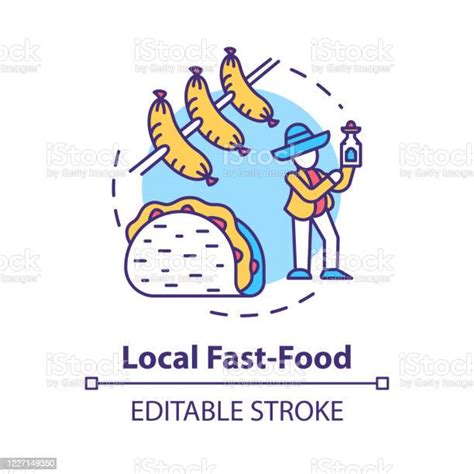로컬 패스트 푸드 개념 아이콘입니다 토착 요리 저렴 한 식사 아이디어 얇은 라인 일러스트 비용 효율적인 영양 이동 중에도 먹는 벡터 절연 윤곽선 Rgb 색상 드로잉 편집
