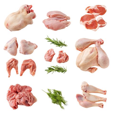 Collage Of Assorted Raw Chicken Parts Including Breasts Thighs Wings