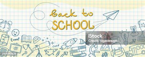 학교로 돌아 가기 낙서 용품이 있는 배경입니다 스케치가 있는 학교 공책 개념입니다 플랫 디자인 벡터 일러스트 레이 션입니다 0