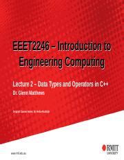 Lecture Data Types And Operators In C Ppt EEET Introduction To Engineering Computing