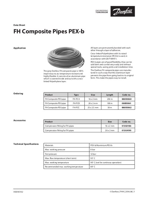 Danfoss FH Composite Pipes PEX B Data Sheet