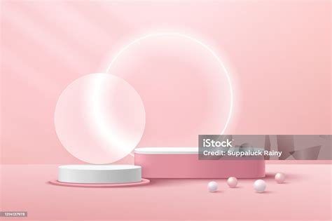 추상적인 흰색 실린더 받침대 연단 투명 유리 링이있는 라이트 핑크 빈 룸 핑크와 흰색 구 벡터 렌더링 3d 모양 제품 표시