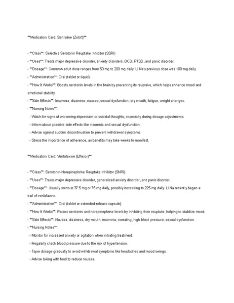 Medication Card Med Card Medication Card Sertraline Zoloft Class Selective Serotonin