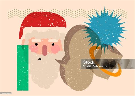 Risograph 산타 클로스 얼굴 기하학적 모양과 말풍선이 있는 머리 트렌디한 Riso 그래프 인쇄 텍스처 스타일 디자인의 개체는 기하학 요소가 있습니다 12월에 대한