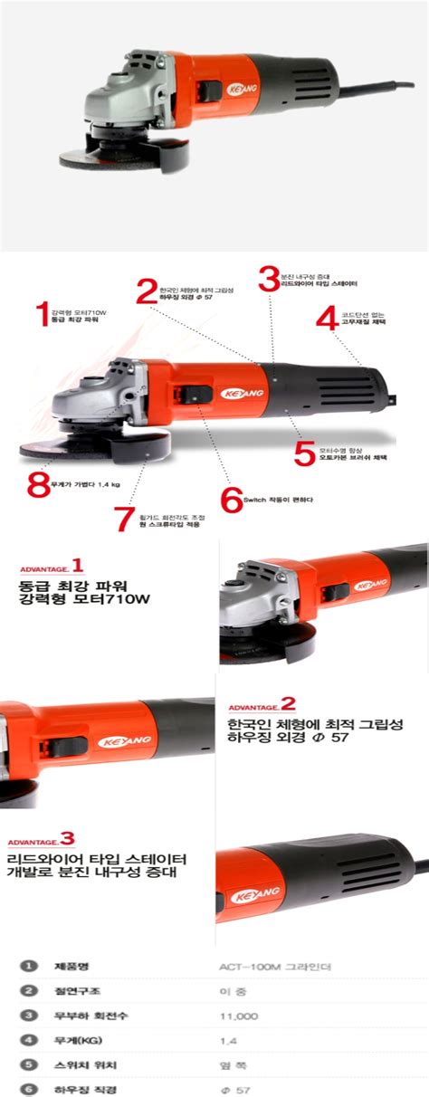 계양전기 Act 100m D585495 그라인더 전기식 핸드형앵글 스펙 전압 220v 출력 710w 최대분당회전수