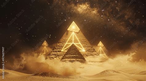 Golden Sacred Geometry Of The Pyramids And Star On An Ancient Desert