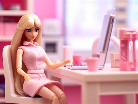 Premium Ai Image A Barbie Doll Sits At A Computer With A Laptop In