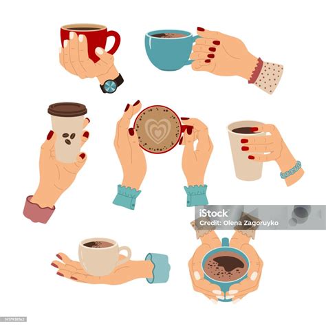 에스프레소 또는 카푸치노의 다른 컵을 들고있는 여성 손 세트 커피 마실 것에 대한 스톡 벡터 아트 및 기타 이미지 커피 마실 것 카페 손 Istock