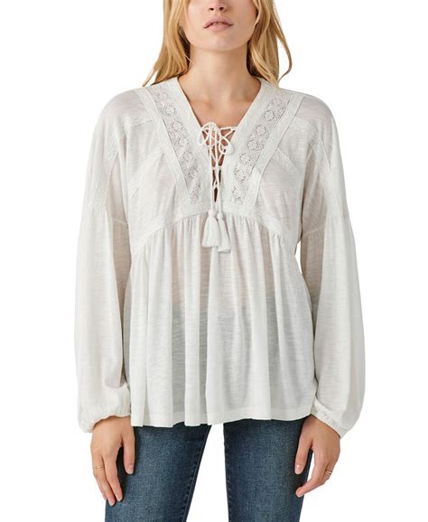Lucky Brand Womens Tie Neck Lace Trim Peasant Top Macys