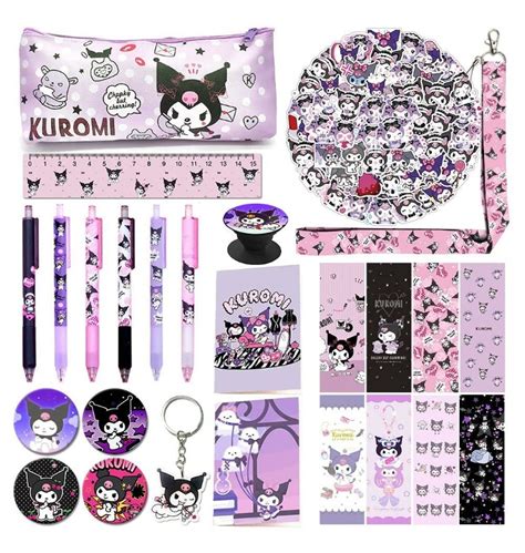 Kuromi 학교 용품 선물 세트 노트북 필통 펜 스티커 버튼 핀 랜야드 키체인 눈금자 책갈피 휴대폰 링 티몬