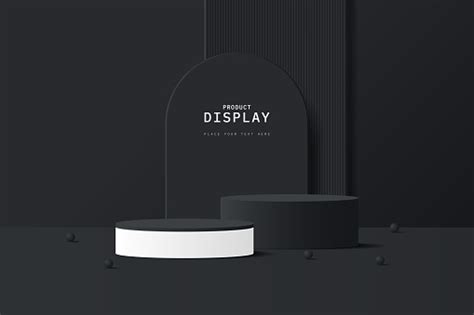 추상 흑백 3d 실린더 연단 받침대는 아치 모양 수직 배경 및 구체 공으로 사실적입니다 제품 모형을 위한 최소한의 장면 3d 벡터 기하학적 형태입니다 쇼케이스를 위한 3d