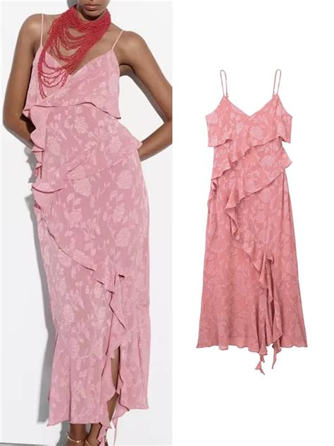 Traf 여성용 솔리드 캐미솔 드레스 딥 브이넥 레이어드 레이스 장식 스파게티 스트랩 시스 롱 드레스 2023 신상 여름 Aliexpress