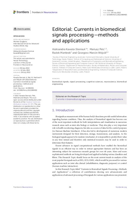 Pdf Editorial Currents In Biomedical Signals Processing—methods And