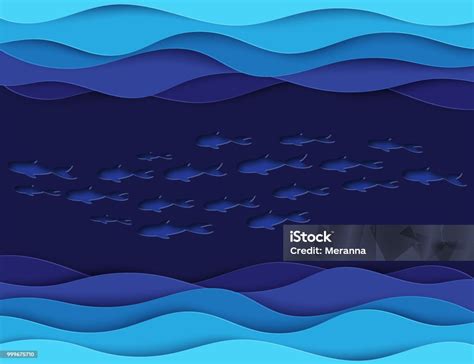 물고기와 바다 파도의 잼으로 종이 수 중 바다 동굴 종이 컷 벡터 깊은 스타일 깊고 푸른 바다 생활 다이빙 개념입니다 바다 야생 생물 배경 주제에 대한 스톡 벡터 아트 및