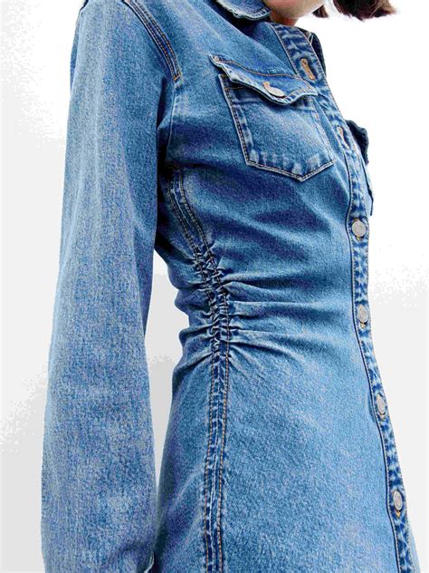 Side Pleated Denim Dress Blue Xs Denim Dress Denim Fashion