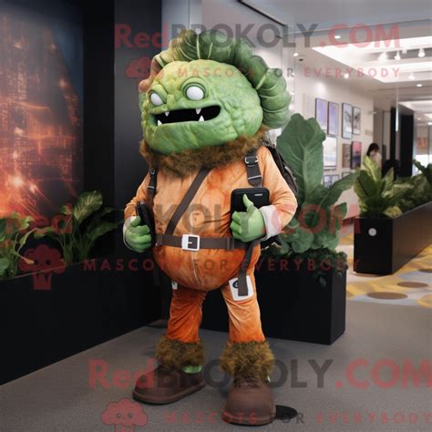 Rust Cabbage Mascot Costume Character Dressed With A Skinny Jeans And Briefcases Mascot
