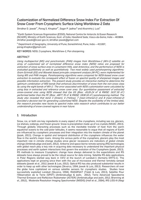 Pdf Customization Of Normalized Difference Of Snow Index Ndsi For Extraction Of Snow And Or