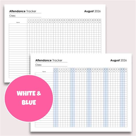 2026 To 2027 Attendance Tracker Printable Attendance Sheets Jan To
