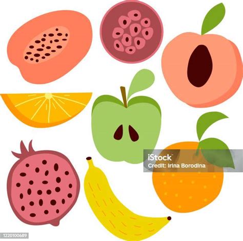 플랫 스타일의 흰색 배경에 과일의 벡터 세트입니다 엽서 표지판 메뉴 포장지 직물 베개 식탁보 식물 그림 인쇄의 디자인 0명에 대한 스톡 벡터 아트 및 기타 이미지 Istock