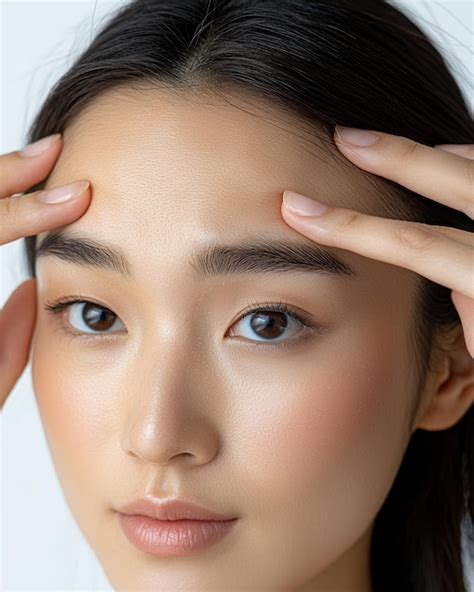 Closeup Of An Asian Womans Forehead With Deep Wrinkles As She Uses Her Fingers To Pull Premium