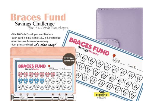 Braces Savings Challenge Printable Budget Binder Insert Fits A6 Cash