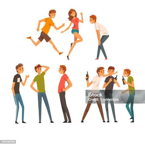 친구 들이 함께 좋은 시간을 보내고 남자와 여자 재미와 마시는 맥주 남성 우정 벡터 일러스트 레이 션 명랑한에 대한 스톡 벡터 아트 및 기타 이미지 Istock