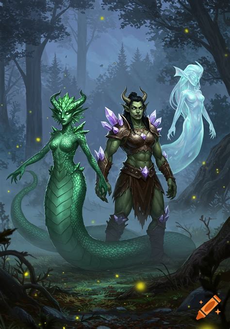 Three Female Fantasy Monsters A Green Lamia A Green Skinned Horned